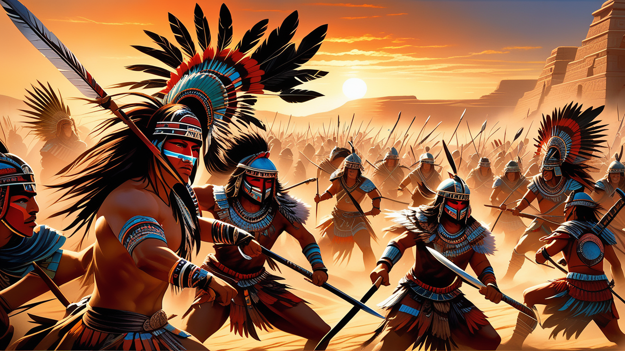 Aztec Warriors in Battle: Fierce Aztec warriors adorned in v... by ...