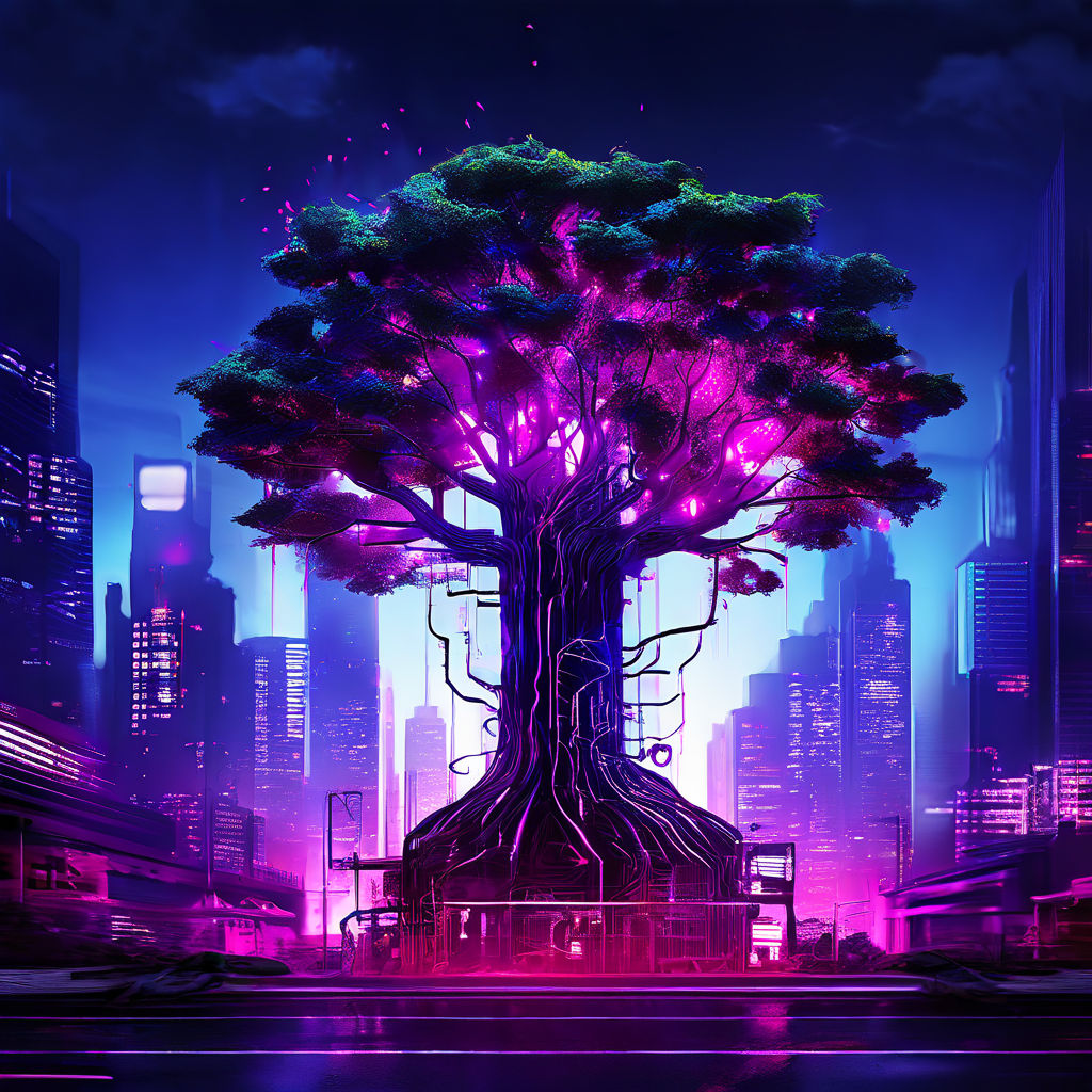 Cyberpunk tree infused with neon glows and circuit patterns by 고향애문경오미 ...