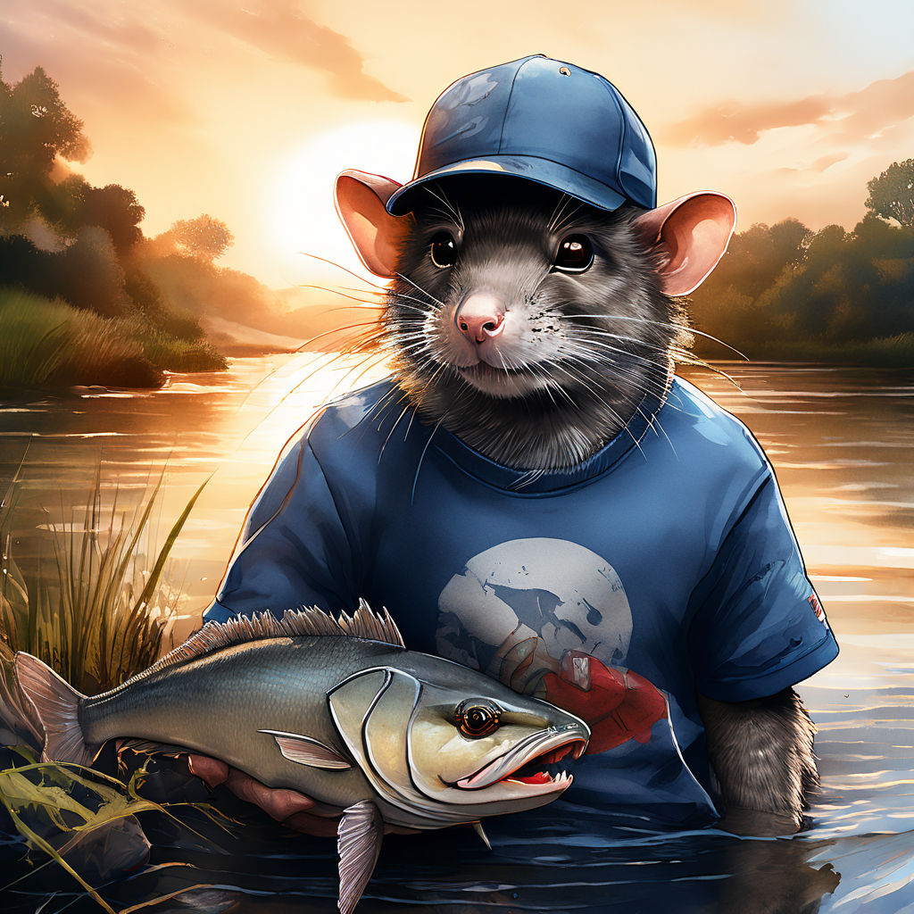 Rat holding catfish on river bank wearing t shirt and baseba... by ...