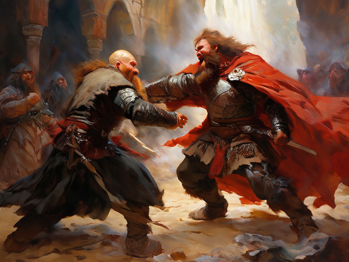 Painting of a fight scene between medieval man strong and co... by ...