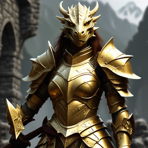 Gold dragonborn paladin woman by Nathan Grammer - Playground