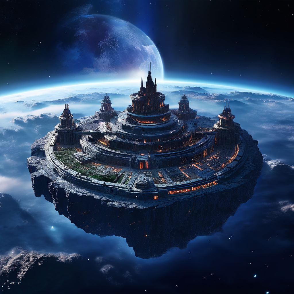 A futuristic disk-shaped fort-castle in space against the ba... by RRM ...