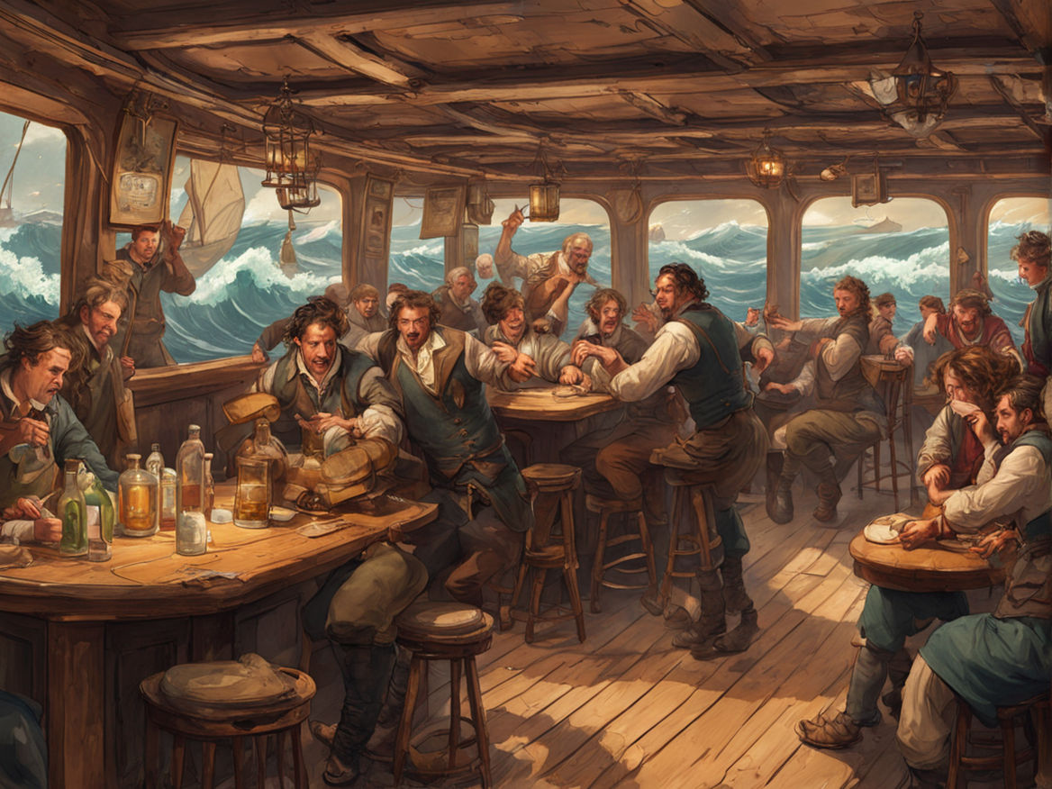 A tavern inside a ship with gigantic waves visible in the ba... by ...