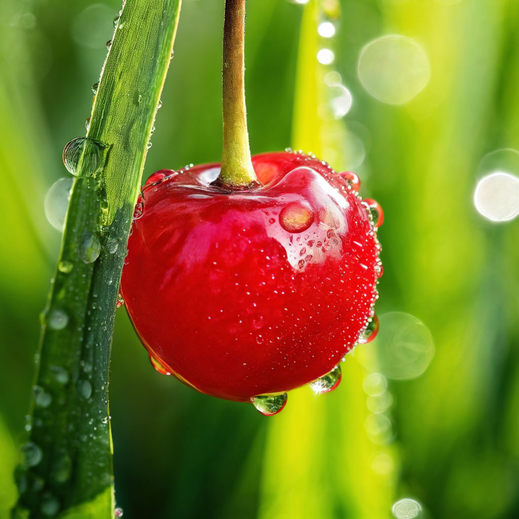 Macro photography of a ripe cherry resting on a blade of gra... by ...