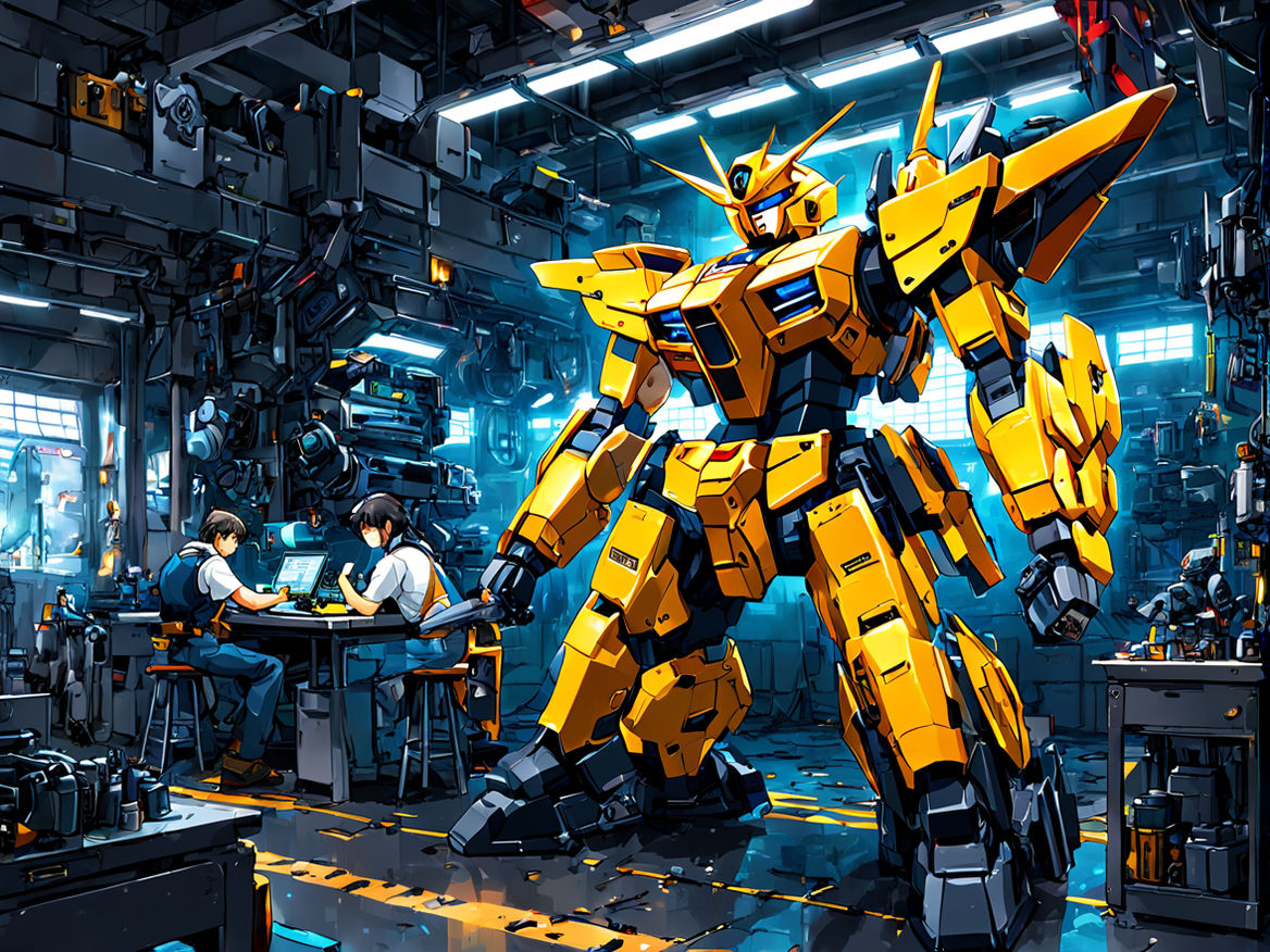 Giant mecha repair shop interior bustling with activity by Keith Fan ...