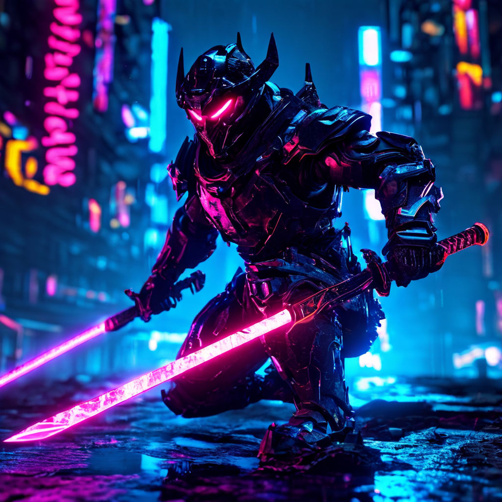 Hyper realistic Neon ninja and double sword Skyscraper Demon... by KUBU ...