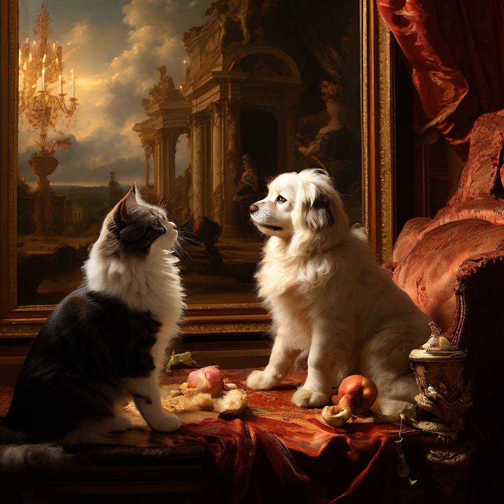 Cat and dog viewing at a painting of themselves in a baroque... by Amy ...