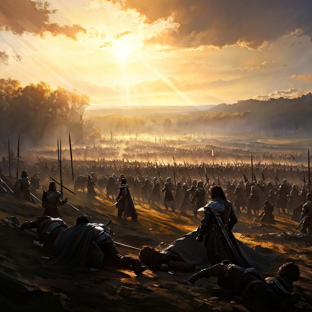 An immense field strewn with fallen soldiers and battered ar... by Awor ...