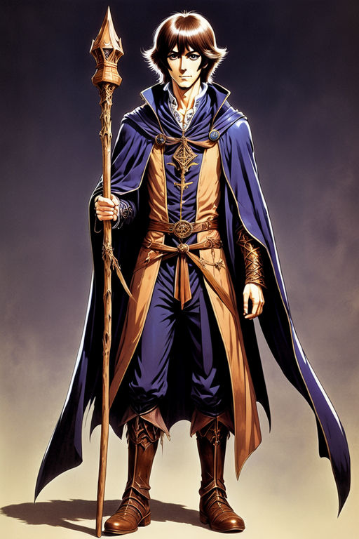 70s dark fantasy anime. A anime male wizard wearing wizard's... by ...