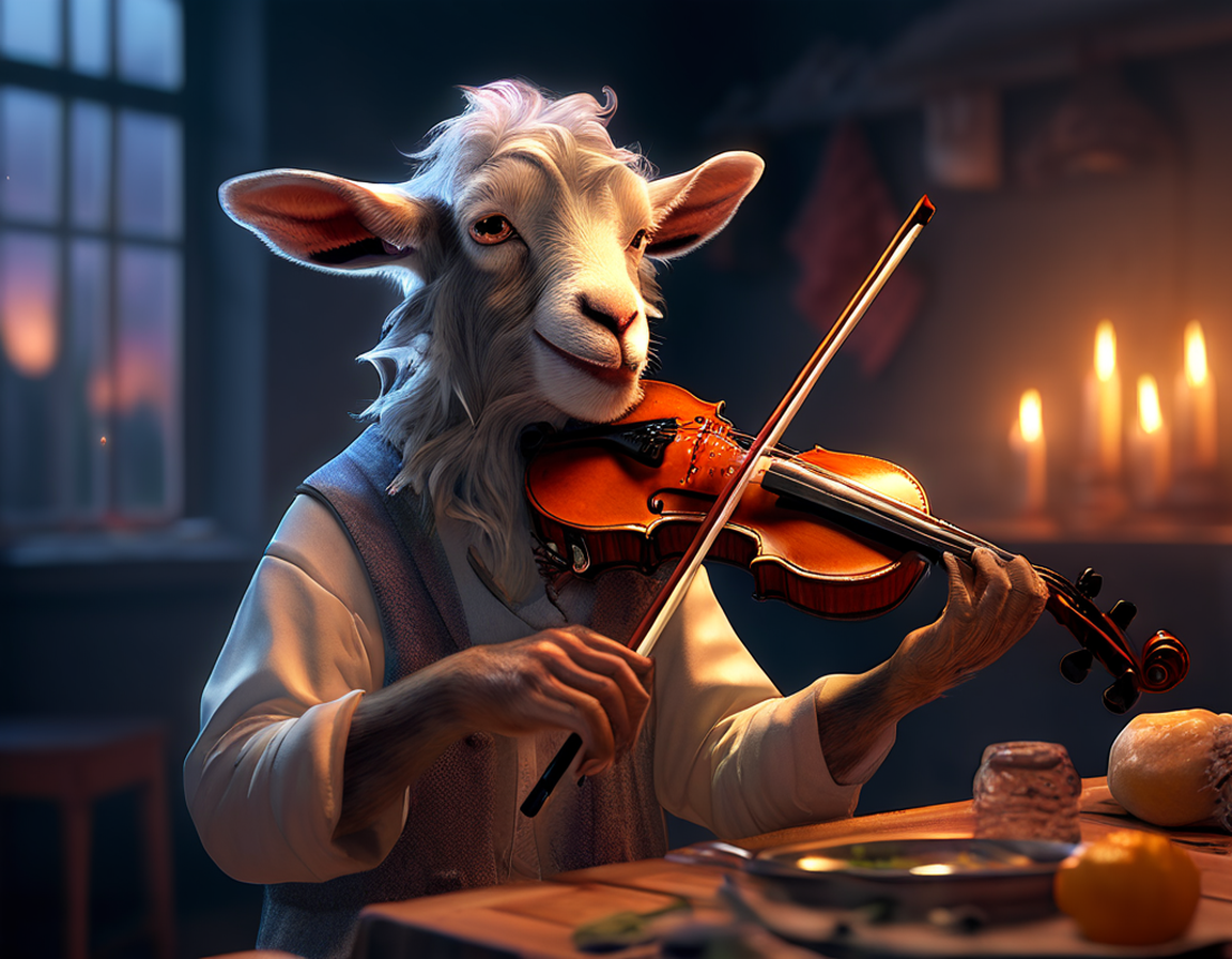 A goofy looking goat playing a violin by Ray Hanna - Playground