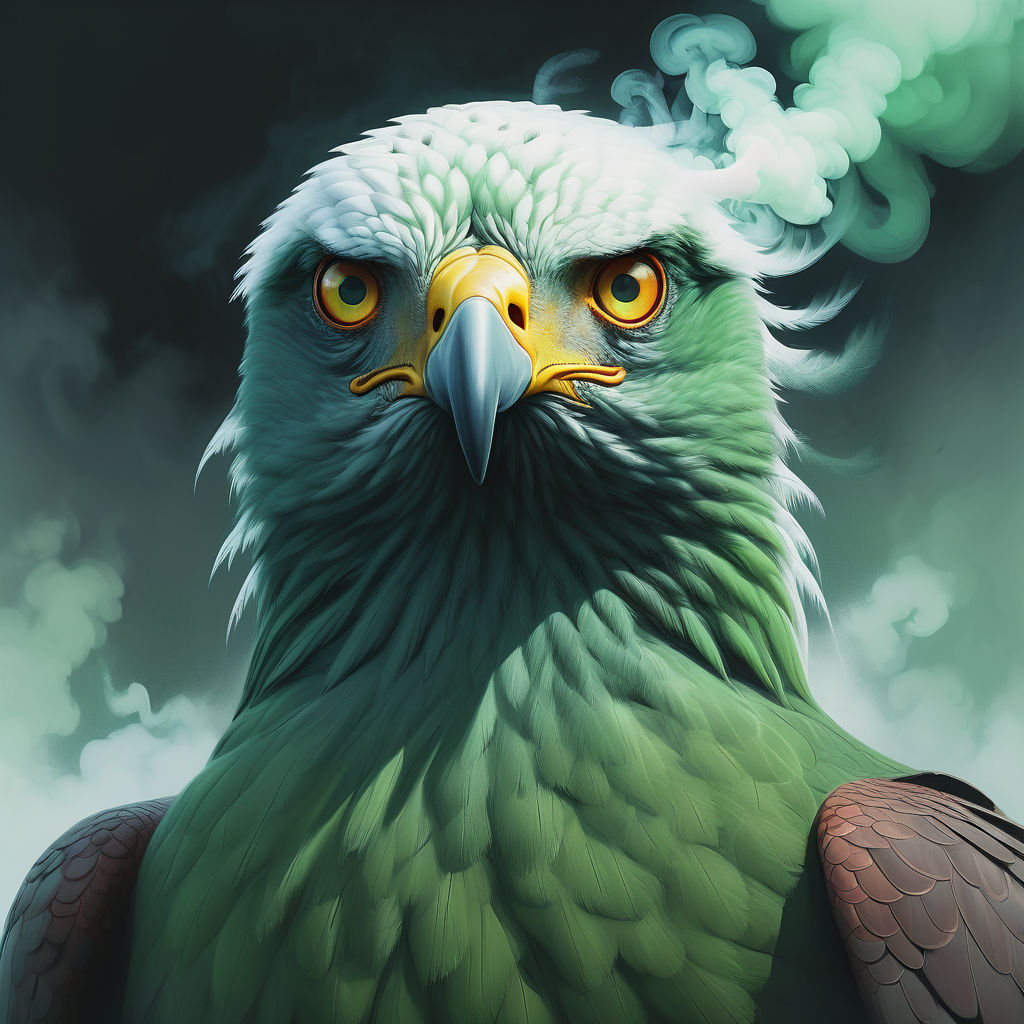 Green hawk with bright eyes enshrouded in white smoke by hhhhhh ...