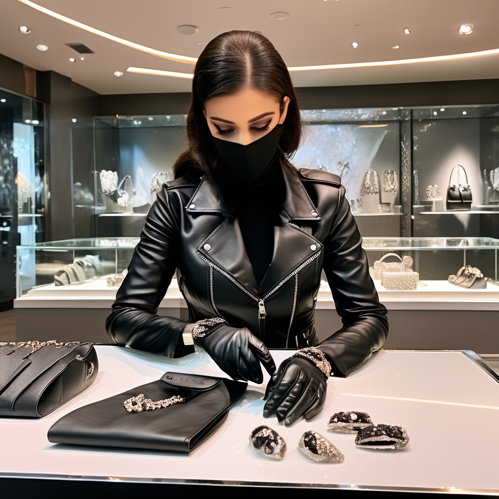 Masked female robber in black leather jacket and black leath... by ...