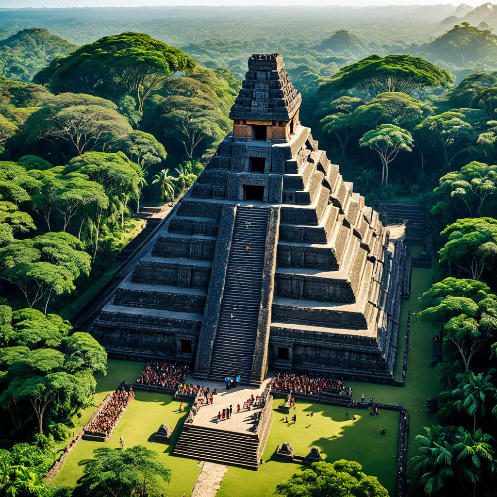Crowd of people in front of an aztec temple in the middle of... by Solo ...