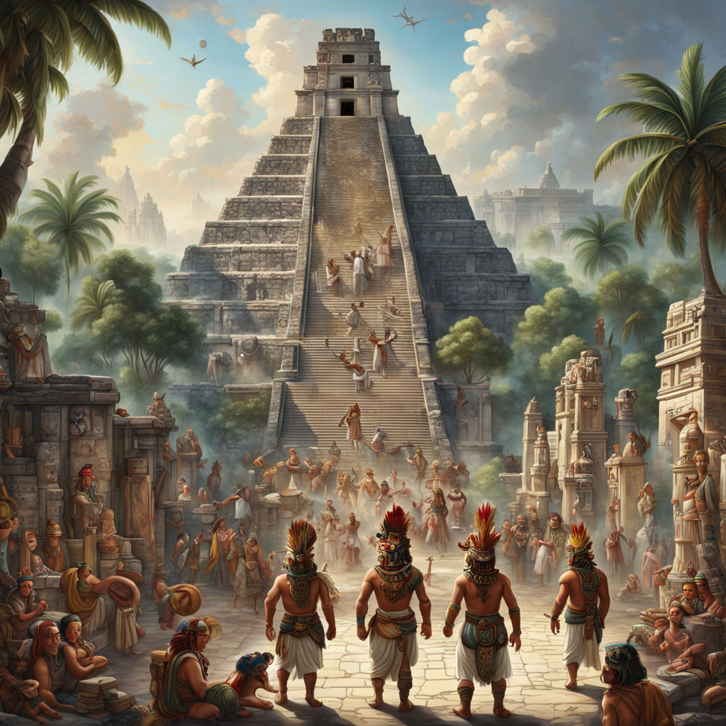 Create an image depicting the grandeur of the Mayan Empire i... by ...