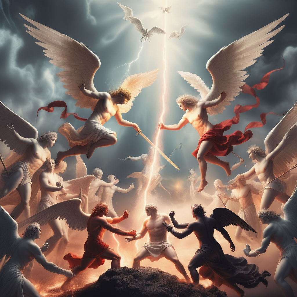 Many angels and demons fighting each other in a clear beauti... by Will ...