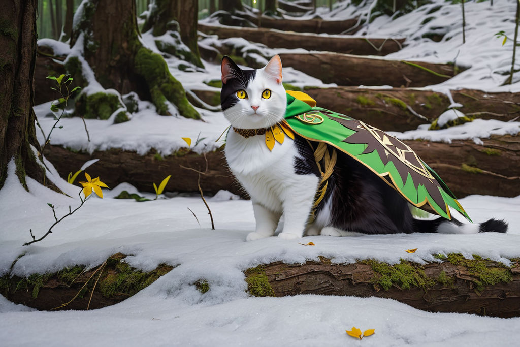 A young cat with yellow eyes in a forest dressed as a druid by Crazydar ...