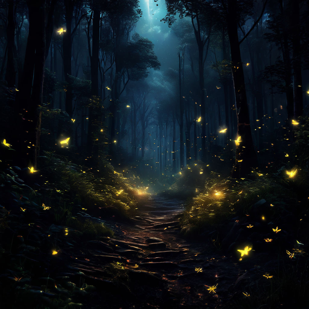 A dark forest with fireflies flying around by 6107영종 - Playground