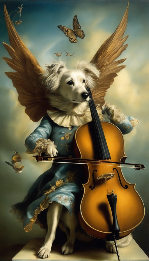 Surreal artwork. a flying dog playing the cello by Zundak - Playground