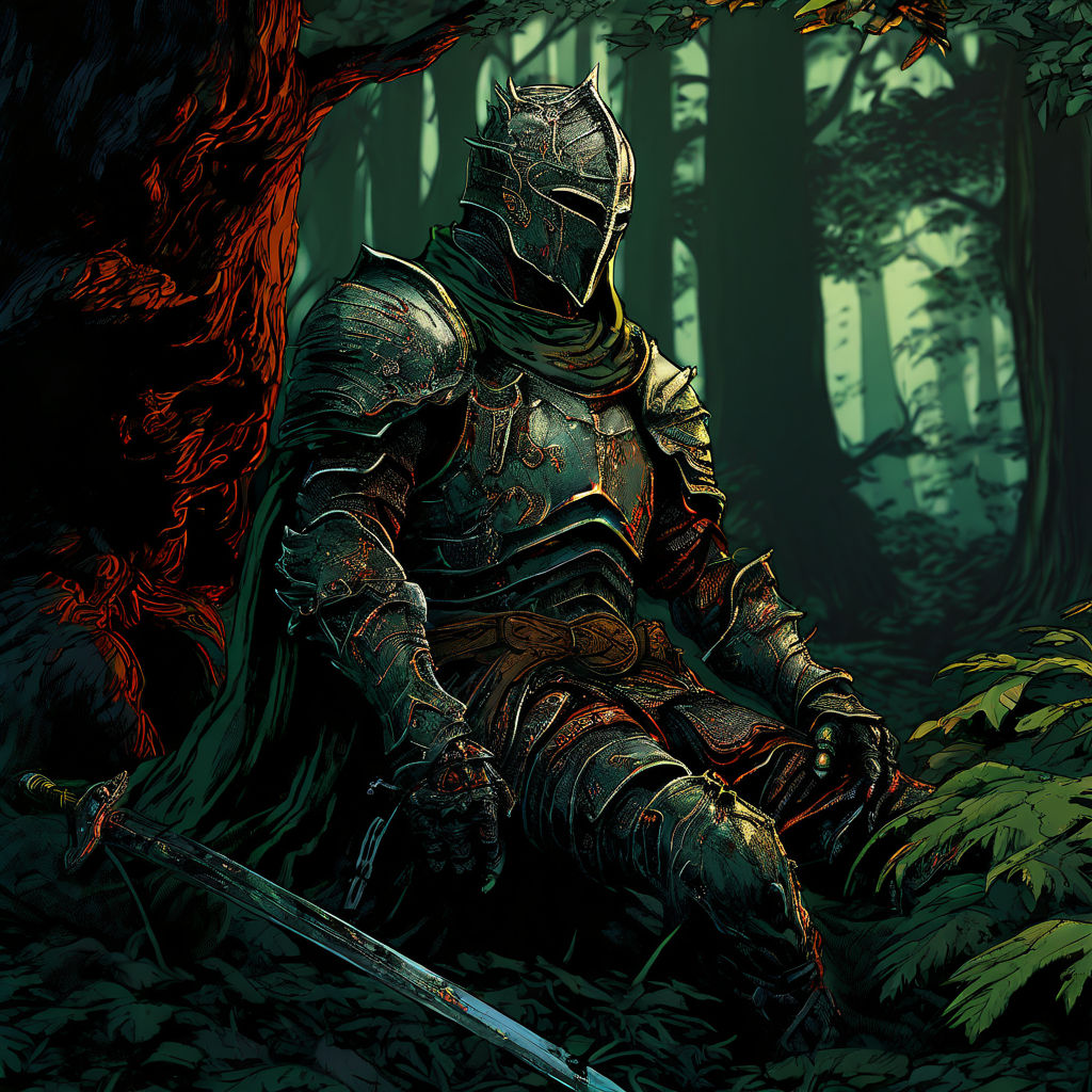 Knight lying in the fantasy green dark forest with tree with... by ...