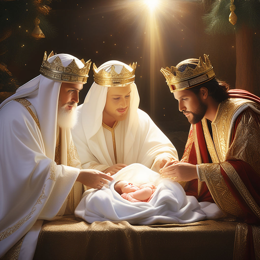 The three kings looking at baby Jesus in the manger by Jodi Risenmay ...