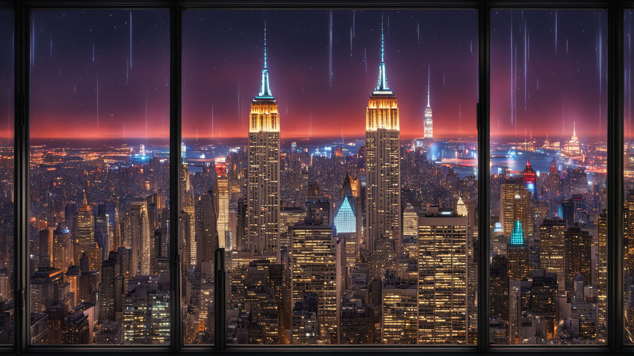 New York City skyline glimpsed through an imposing high-rise... by a2s ...