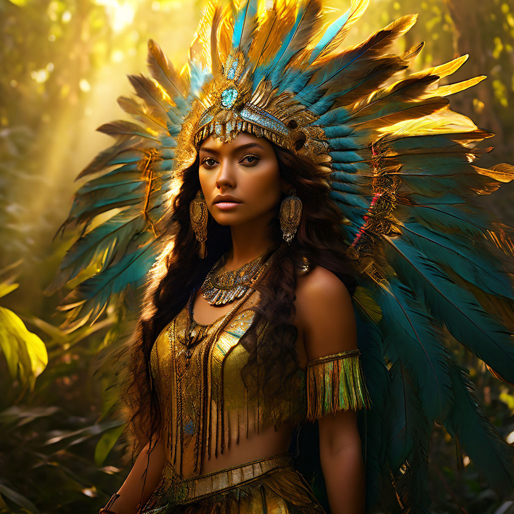 Aztec princess adorned with turquoise blue feather headdress by JOSE ...