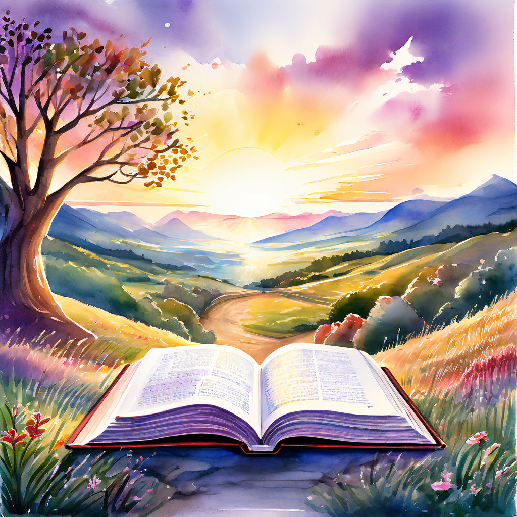 Central watercolor illustration capturing an open Bible bath... by ...