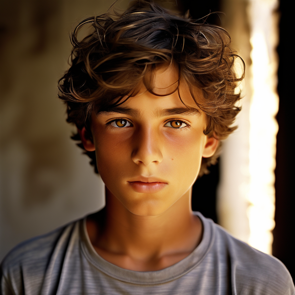 15-year-old Italian handsome male boy view from chest to hea... by ...