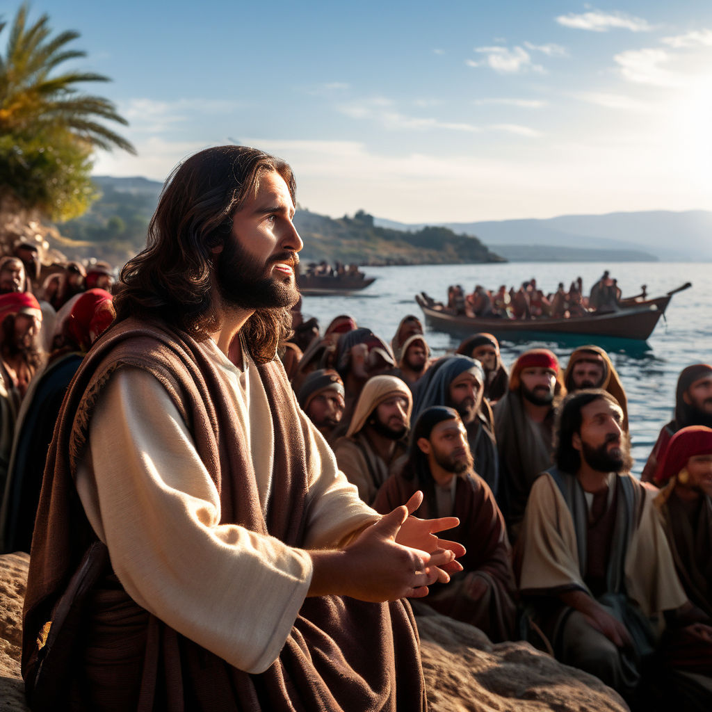 Jesus speaking to a crowd on the shore of the Sea of Galil... by ...