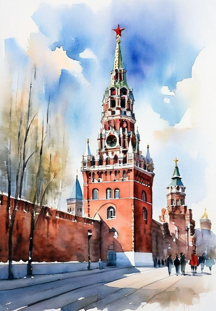 Watercolor drawing Kremlin Spasskaya tower and chimes in ear... by Oleg ...