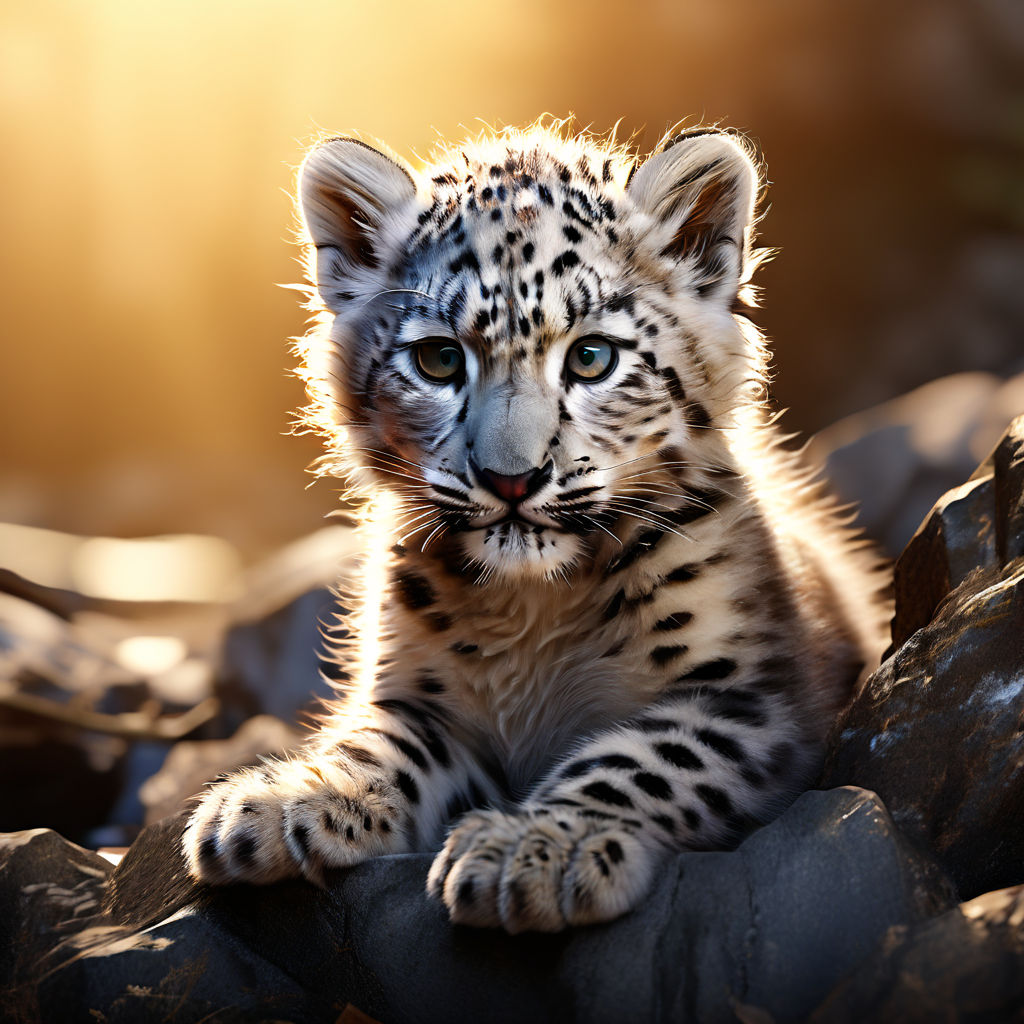 Detailed small miniature snow leopard cub sitting by the riv... by ...