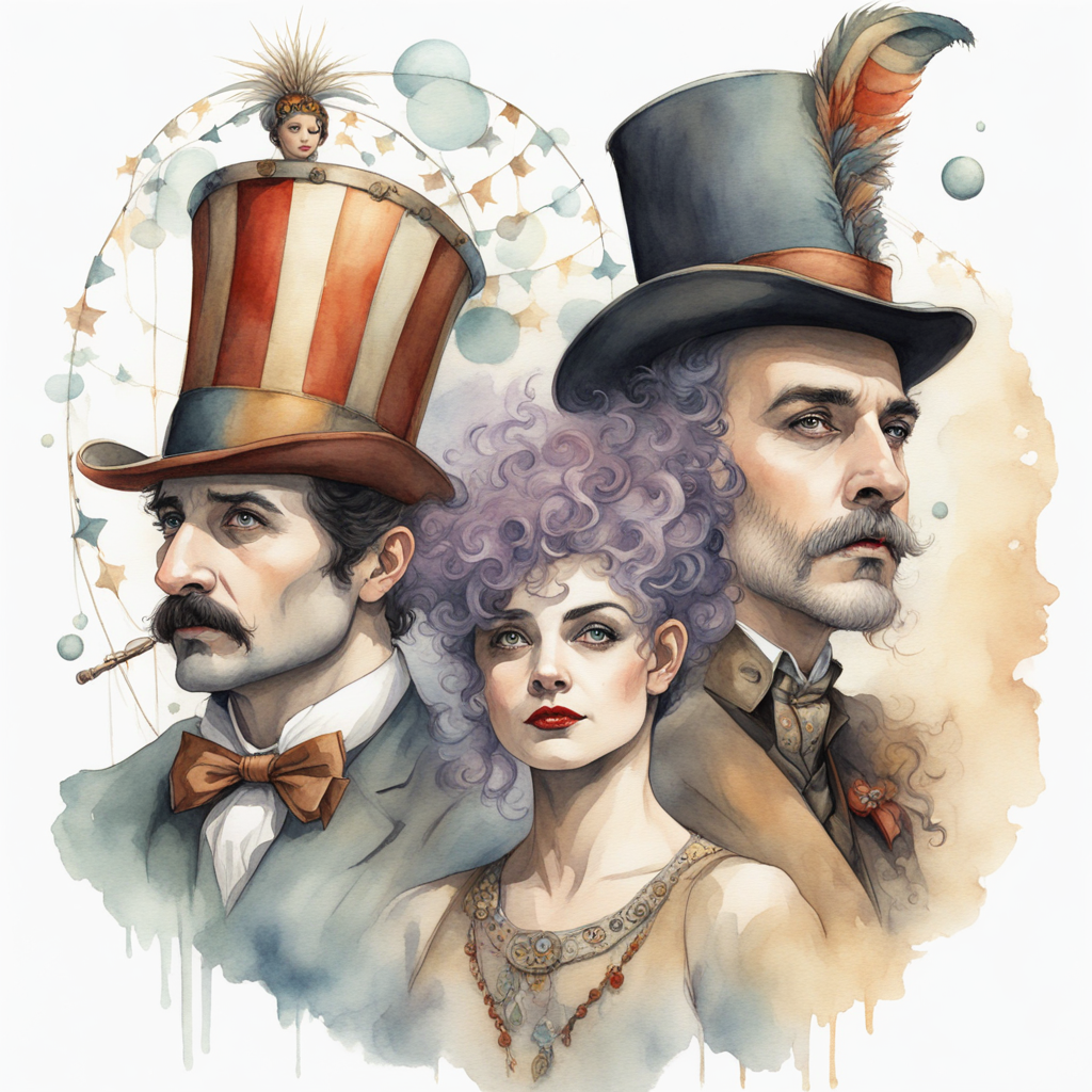 Watercolor painting depicting whimsical fantasy circus perfo... by ...