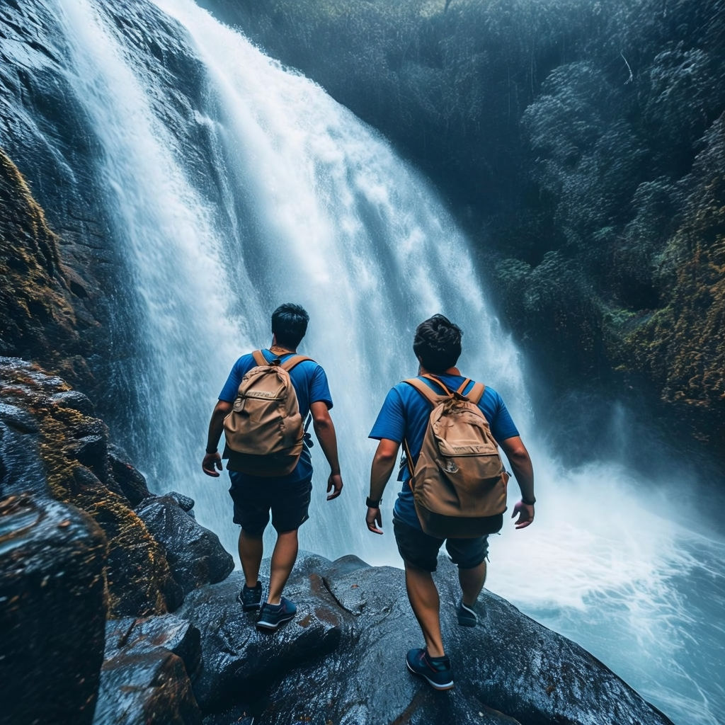 Monos escalando atras de una cascada de agua by Clau Werbes - Playground