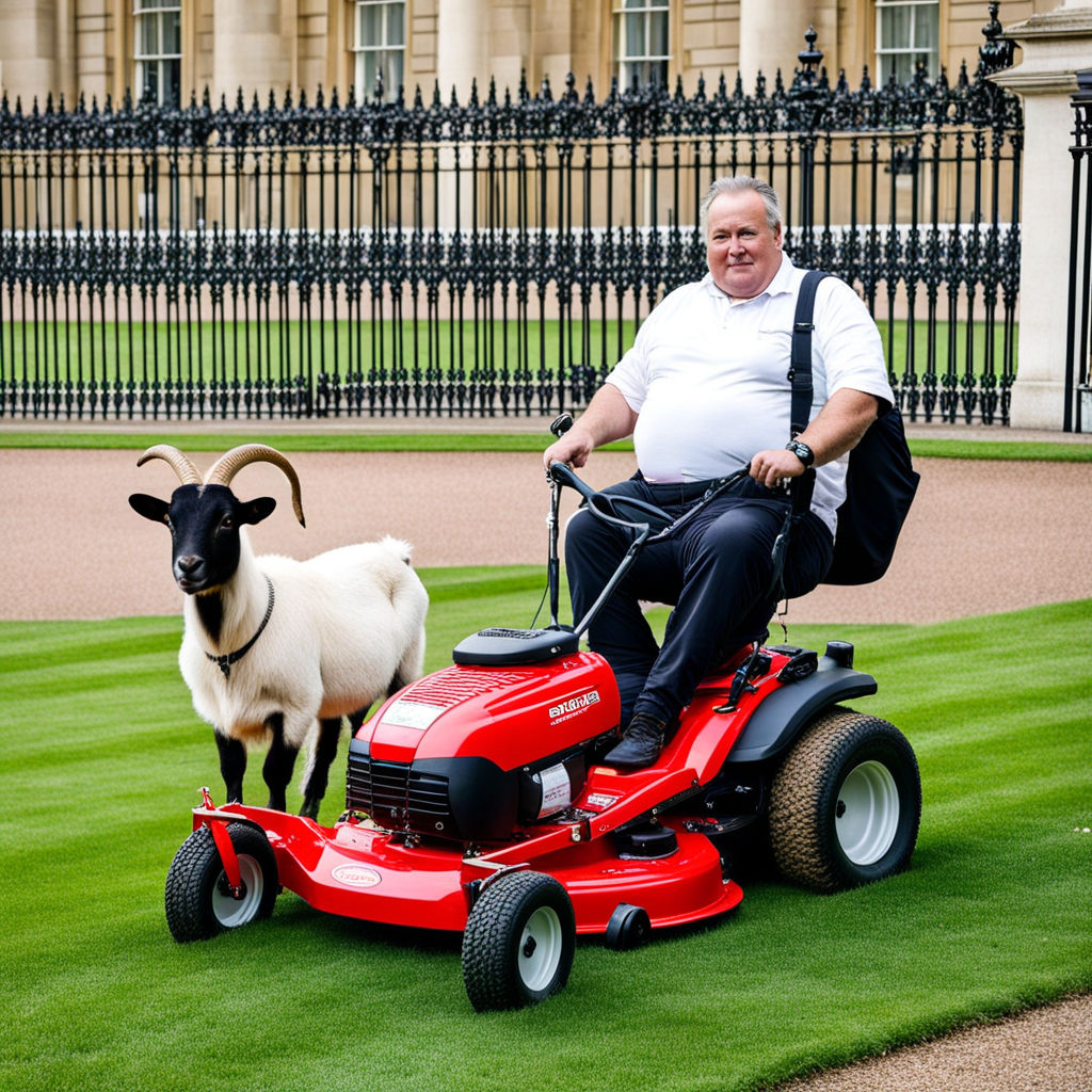 Fat guy lawn mower with goat. in buckingham palace eating by Greg ...