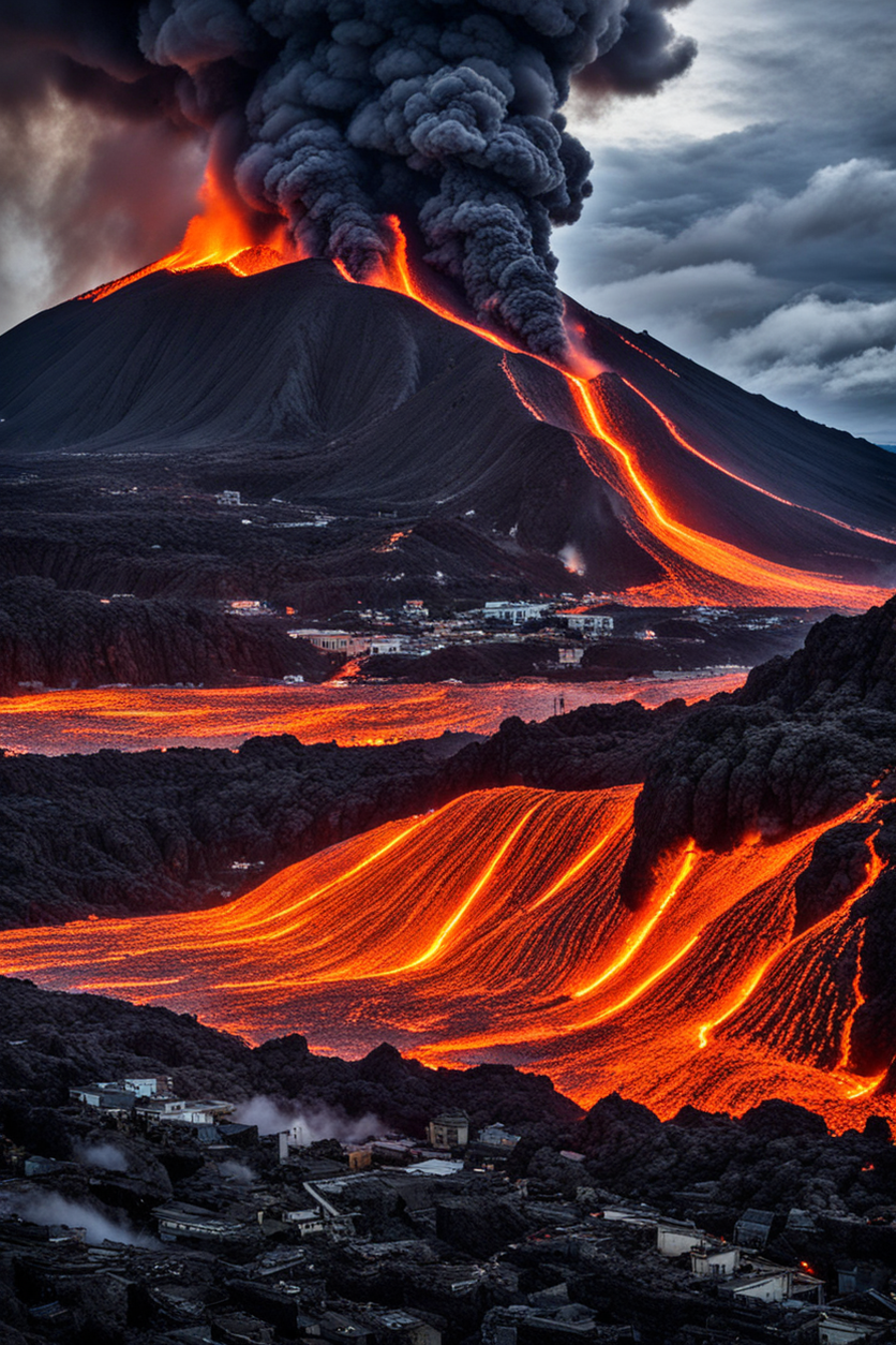 "A dramatic and intense scene where a massive flow of molten... by ᄋ미르 ...
