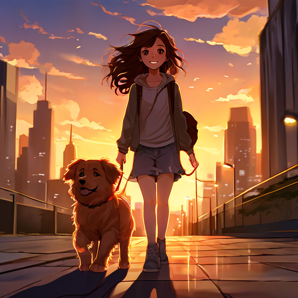 Anime-style animation of a brown-haired girl walking her sma... by ...