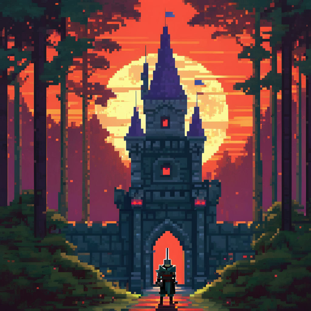 Crumbling 8-bit castle with spires piercing a star-filled sk... by ...