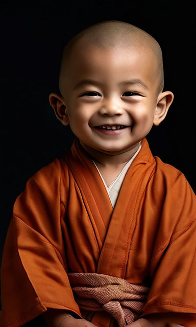 1 A young 2 year old monk wearing Shinto robes smiling at th... by Xi ...
