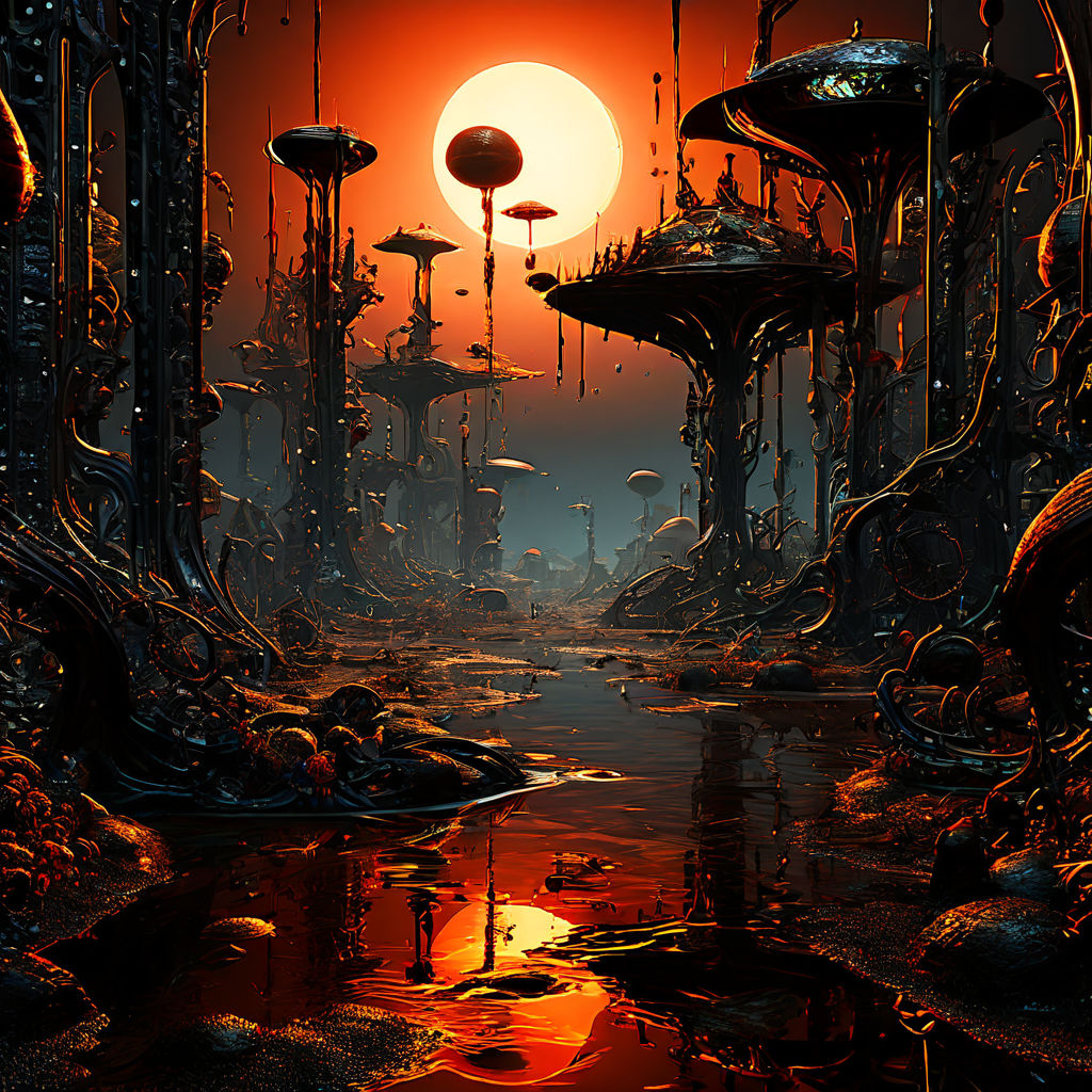 Dark digital art depicting a sci-fi swamp on an alien planet by Nagihan ...