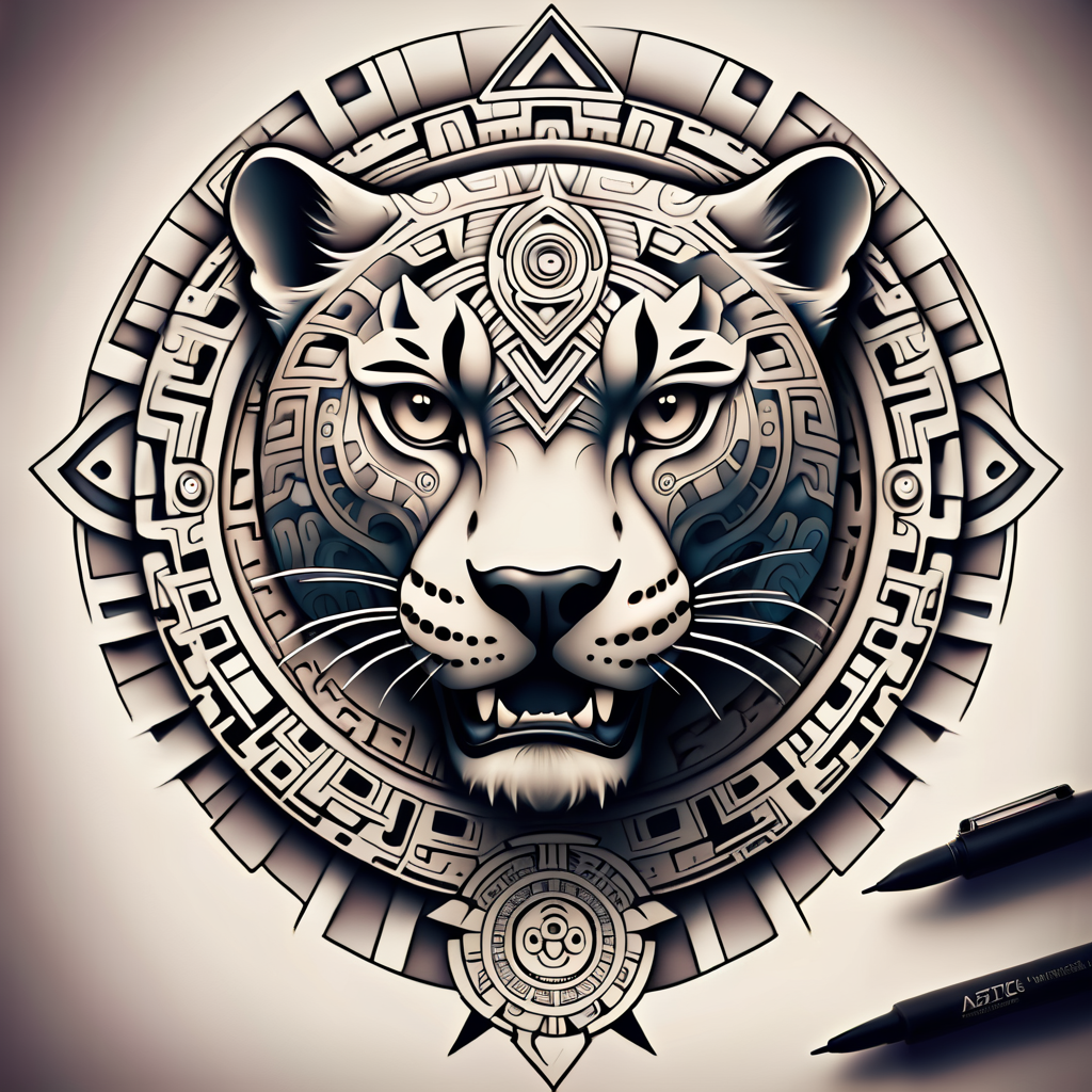 Fierce jaguar aztec tattoo design with aztec calendar backgr... by M ...