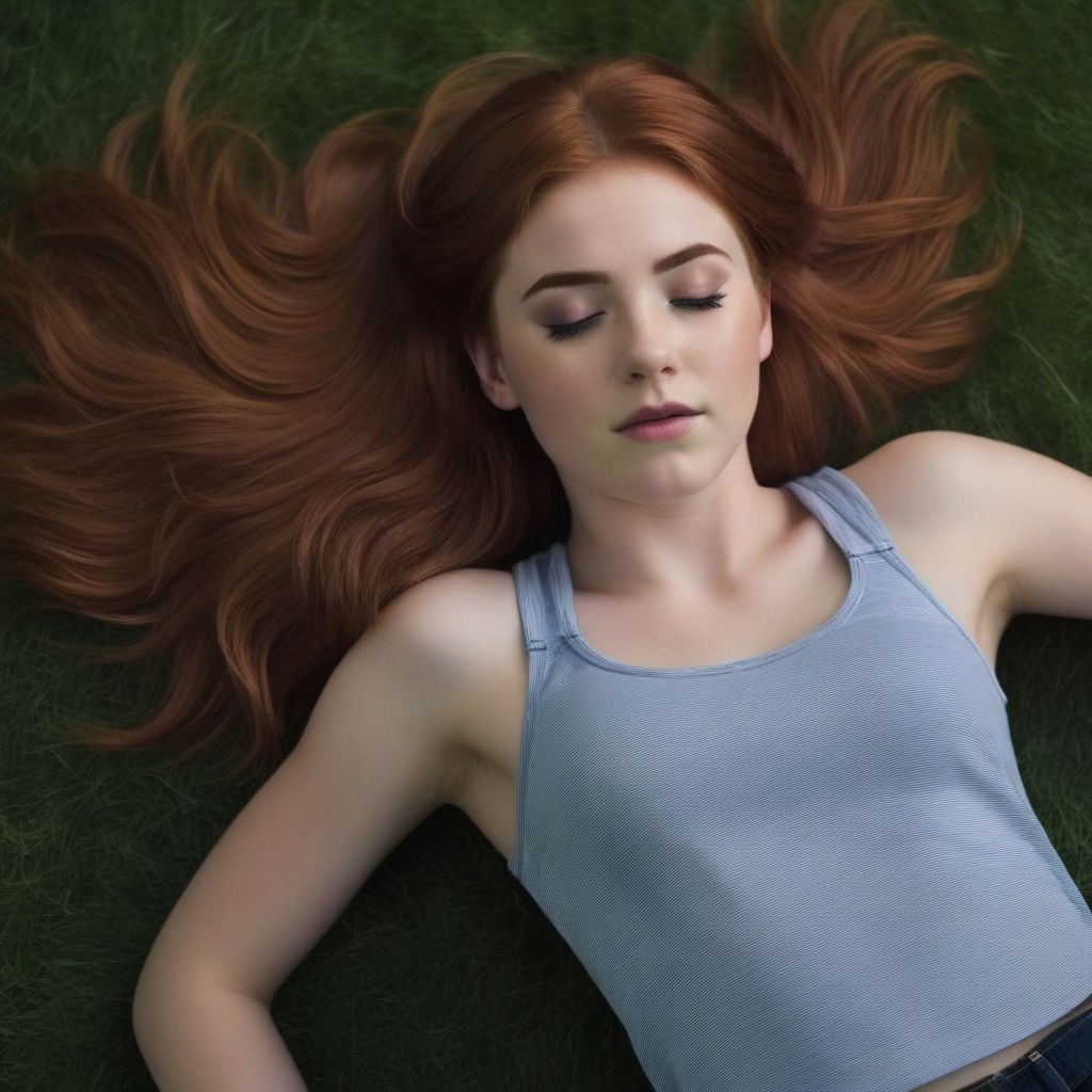 A full-body overhead view of a beautiful teen with auburn ha... by ...