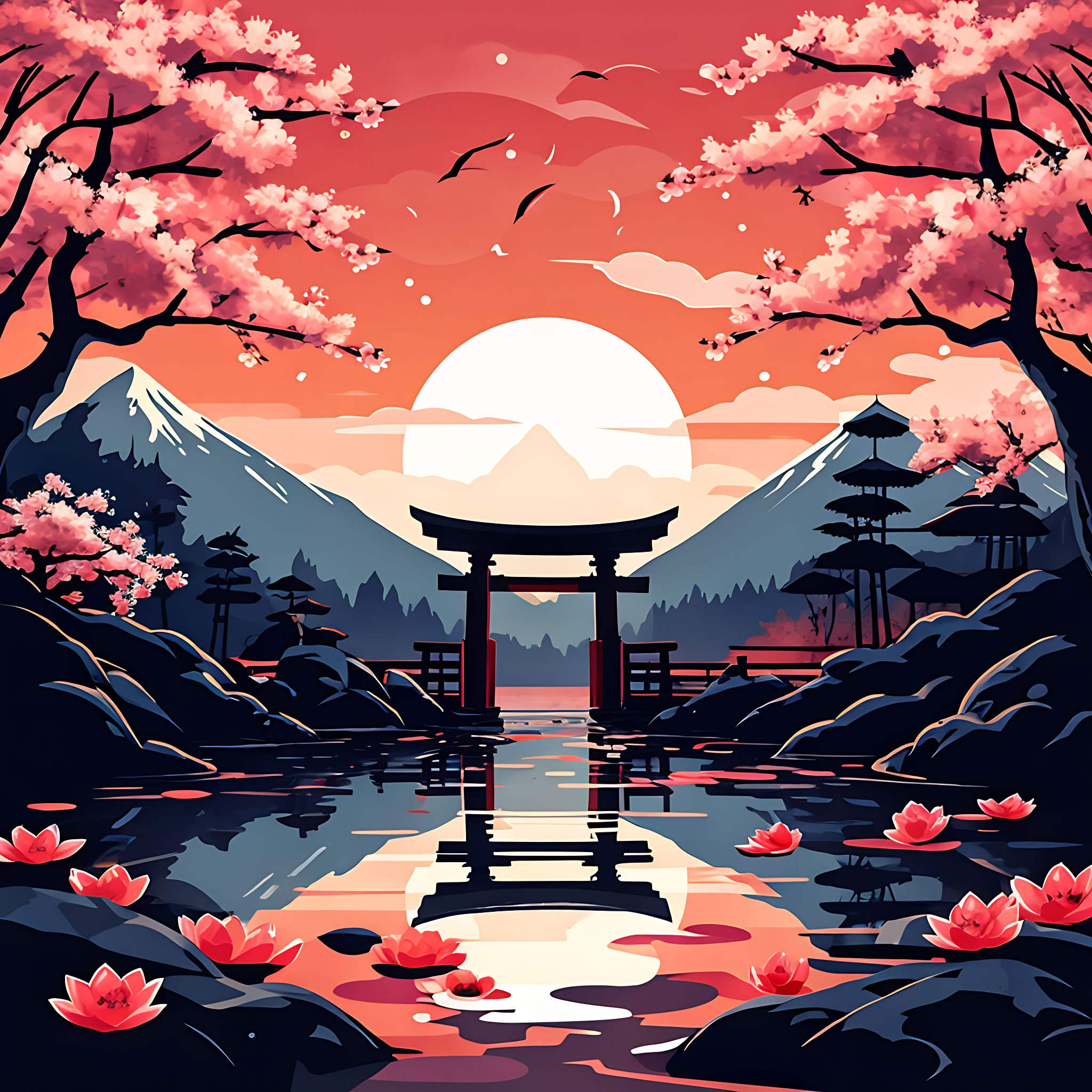 Vector illustration of a serene Japanese landscape by Sasha Ivanov ...