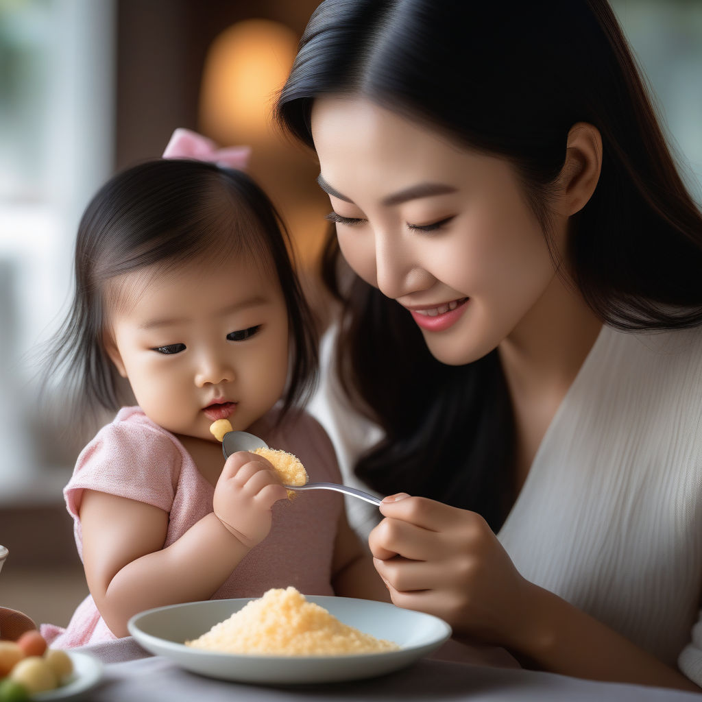 Asian model engaging in the tender act of spoon-feeding a 3 ... by ...