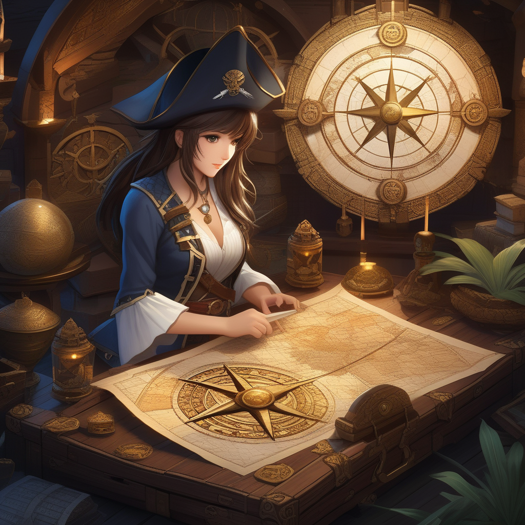 Anime-style pirate girl examining an ancient treasure map by E B ...