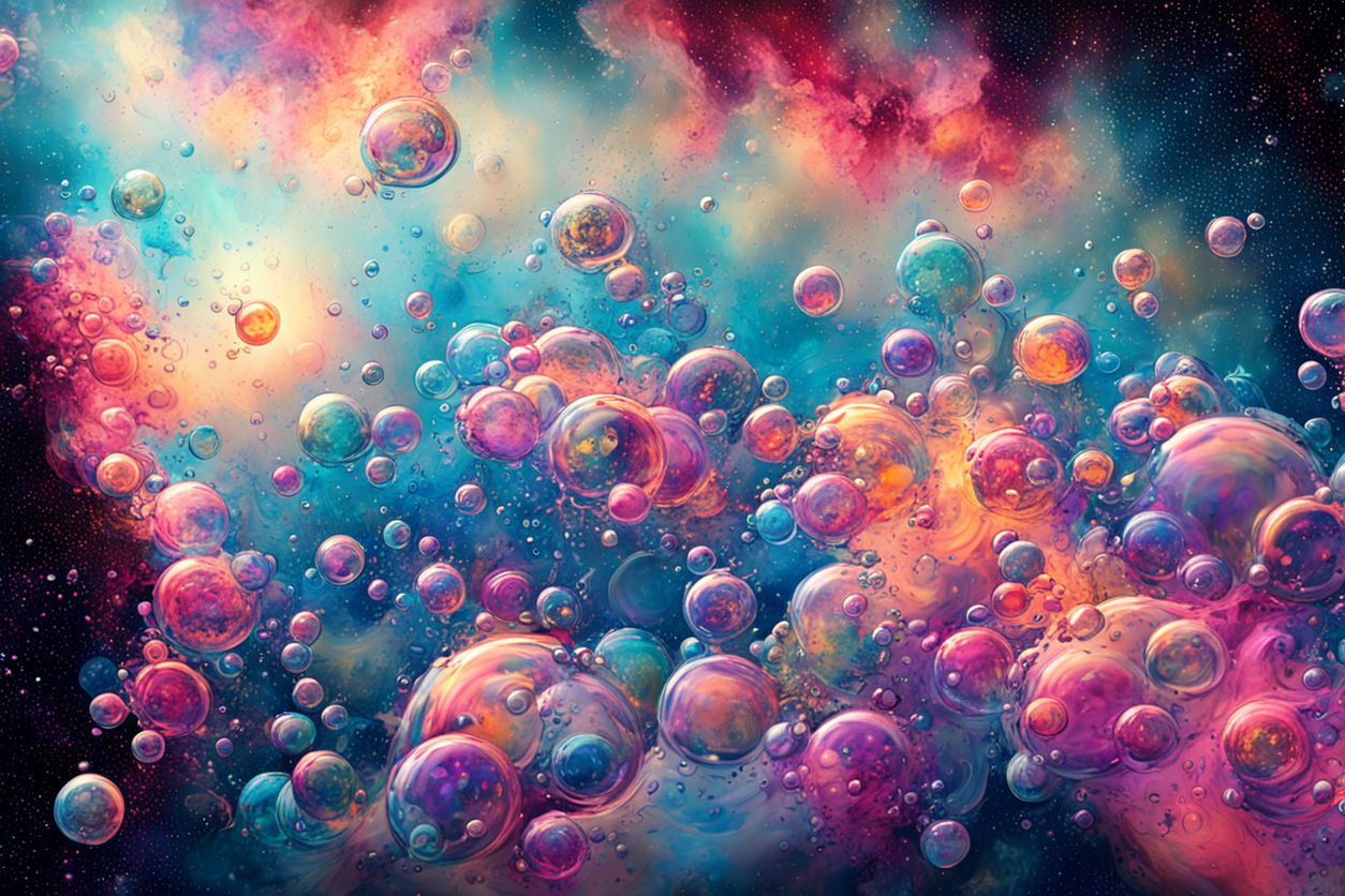 Bubbles with stars and nebula behind splattered liquid paint... by ...