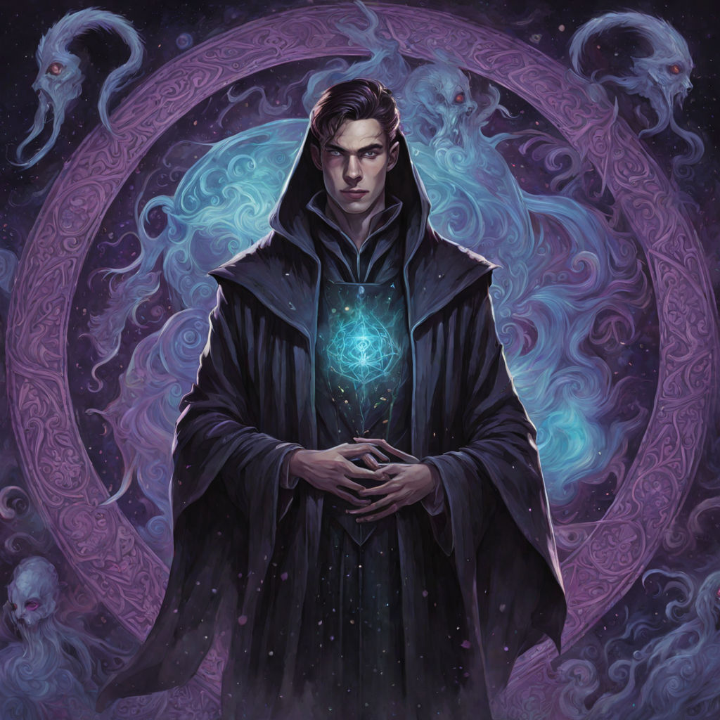 A front art of a young male warlock with human face in black... by ...