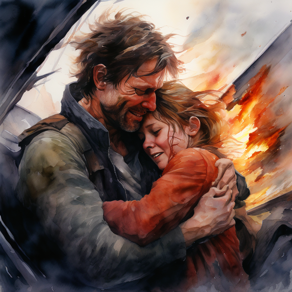 People hug each other in a plane crash. fire in the backgrou... by ...