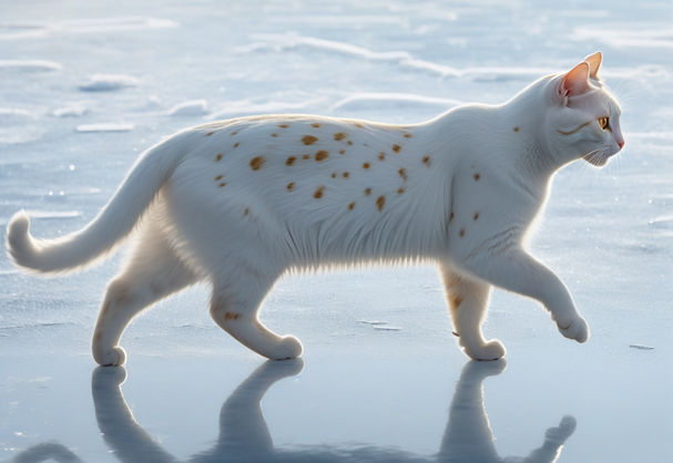 White cat with yellow back and spotted tail traverses frozen... by 이주영 ...