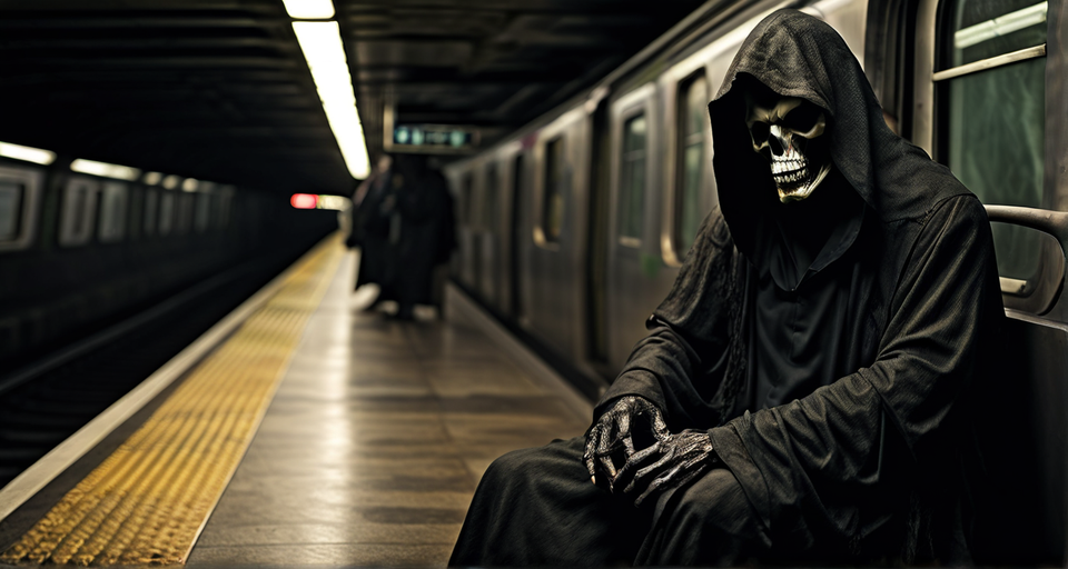 The grim reaper refusing to get on board a subway train by Christopher ...