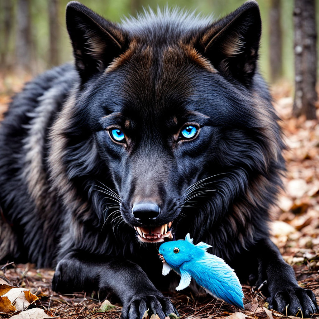 black wolf with blue eyes holding dead rabbit in mouth by H B - Playground